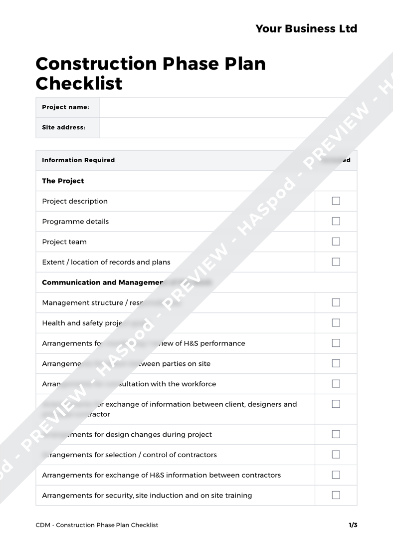 Construction Phase Plan Checklist CDM Template - HASpod
