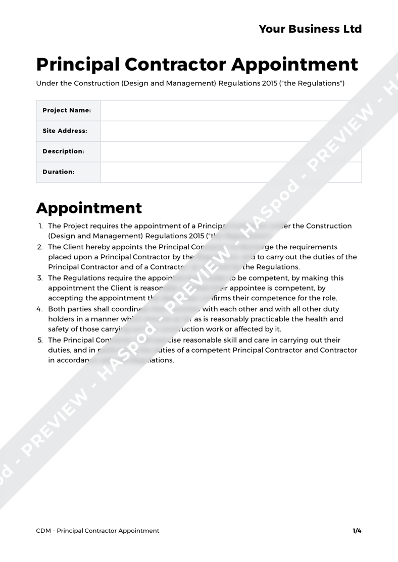 Principal Contractor Appointment CDM Template - HASpod