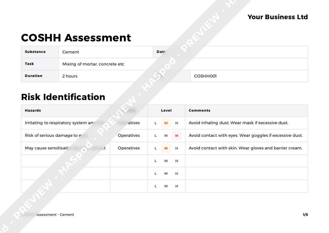 Cement COSHH Assessment Template - HASpod