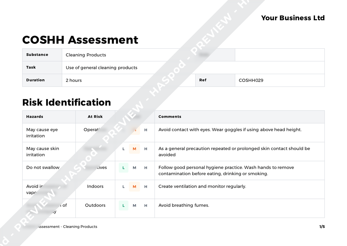 Cleaning Products COSHH Assessment Template - HASpod