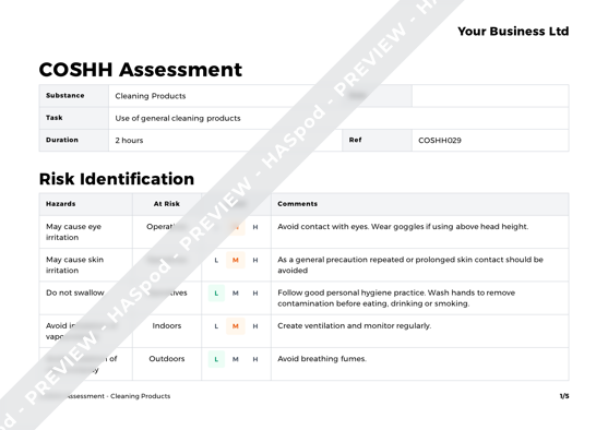 Cleaning Products COSHH Assessment Template - HASpod