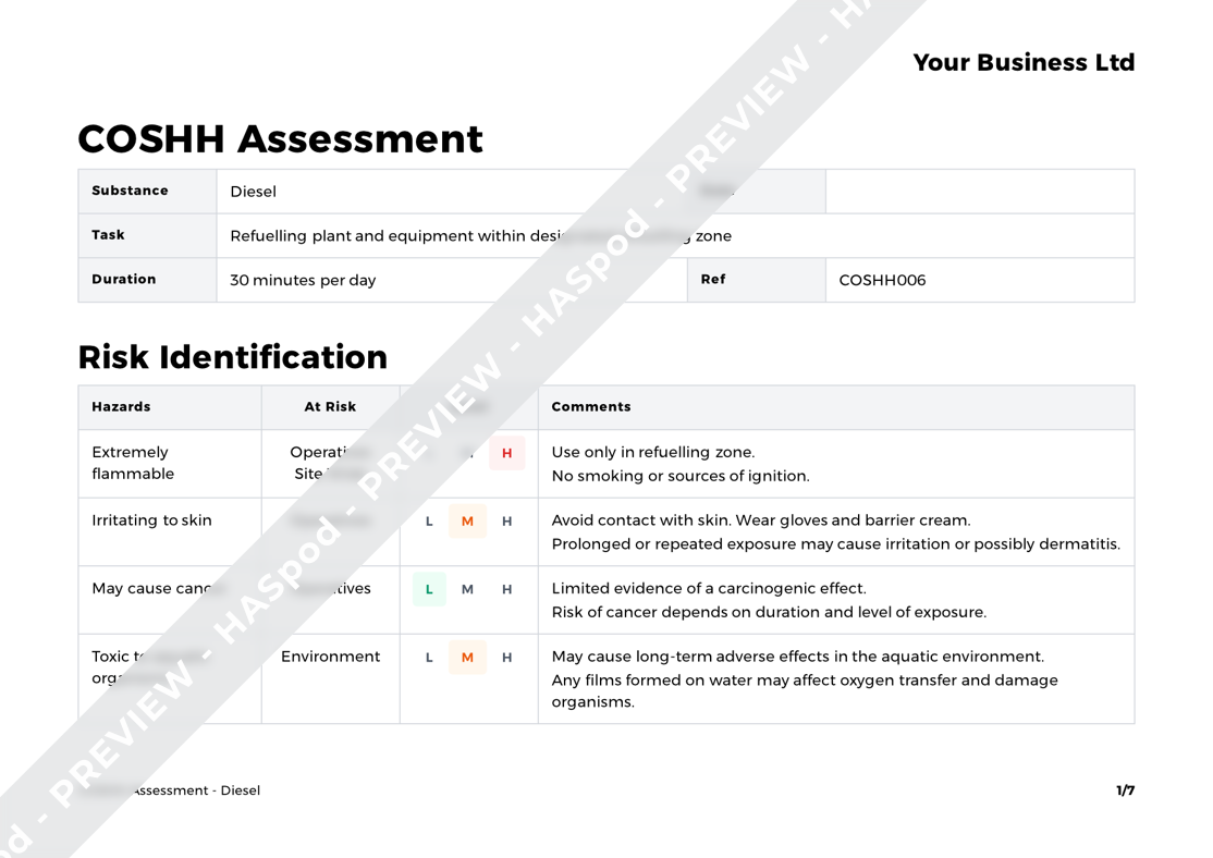 Diesel COSHH Assessment Template - HASpod
