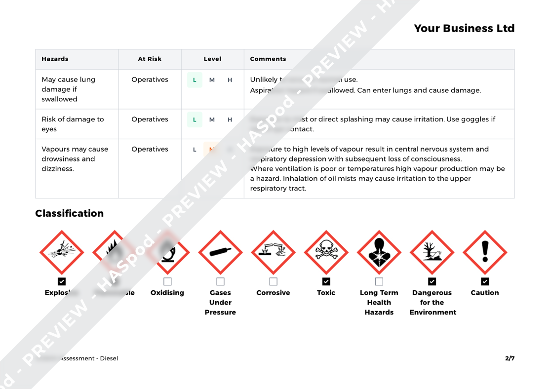 Diesel COSHH Assessment Template - HASpod