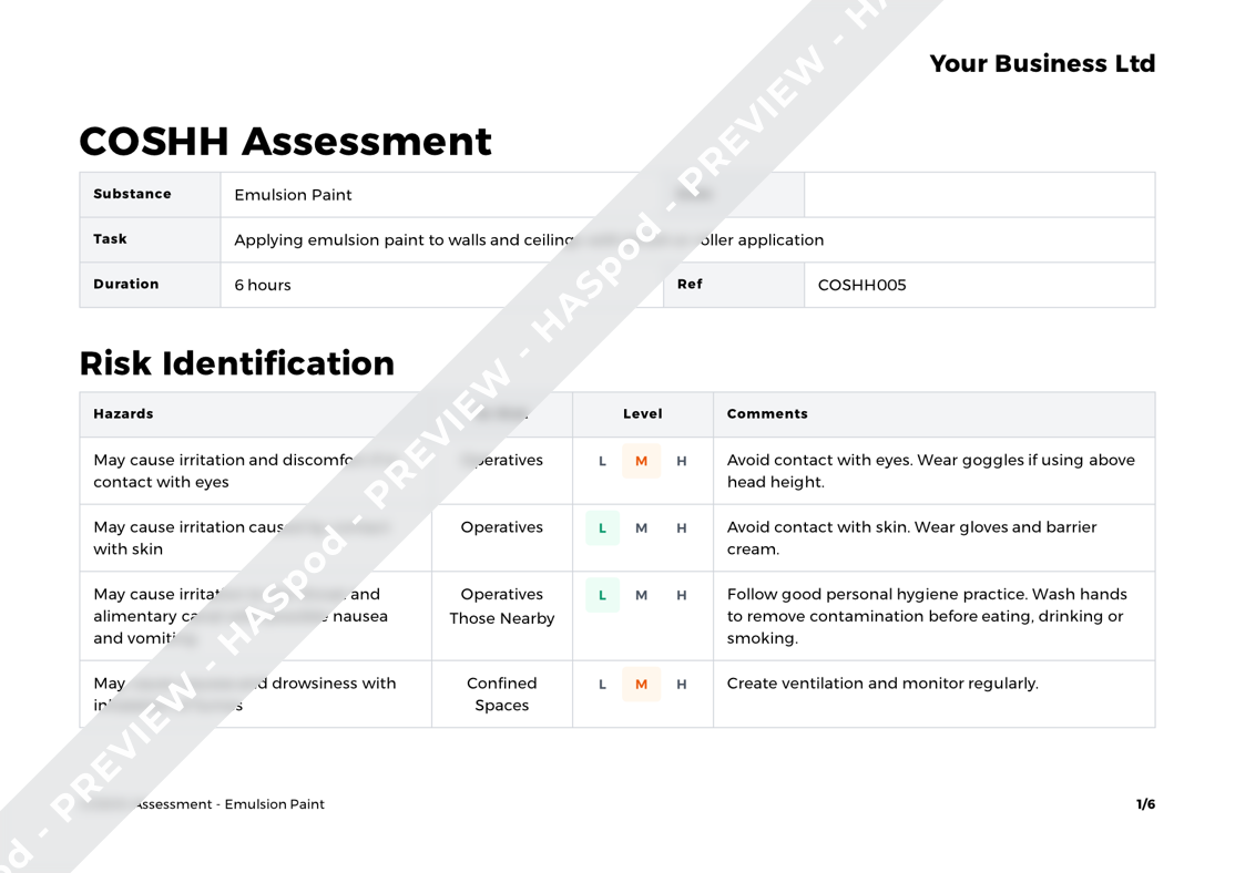 Emulsion Paint COSHH Assessment Template - HASpod