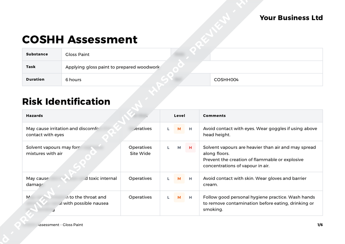 Gloss Paint COSHH Assessment Template - HASpod