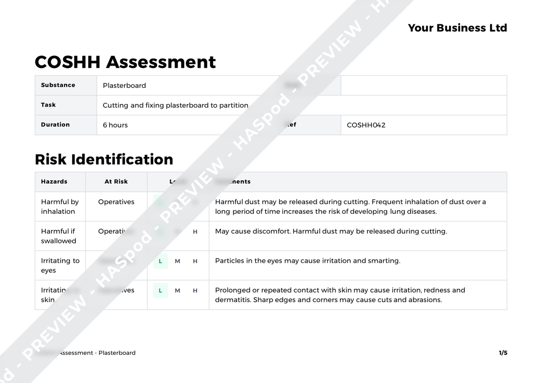 Plasterboard COSHH Assessment Template - HASpod