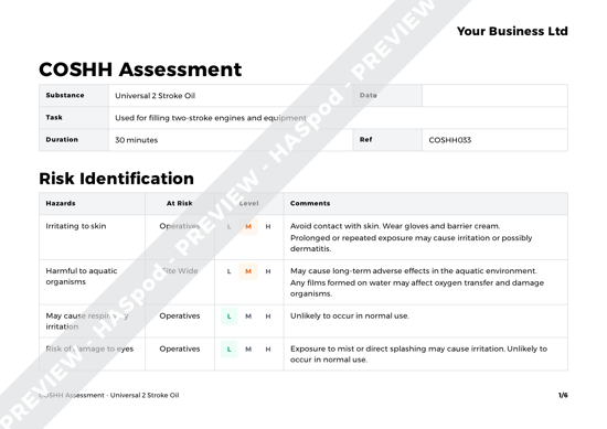 Universal 2 Stroke Oil COSHH Assessment Template - HASpod