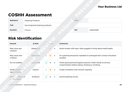 Cleaning Products COSHH Assessment Template - HASpod