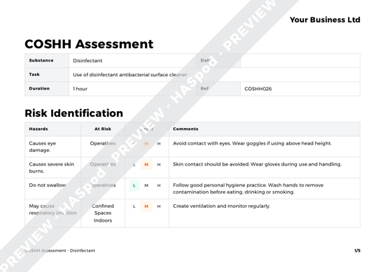 Disinfectant COSHH Assessment Template - HASpod