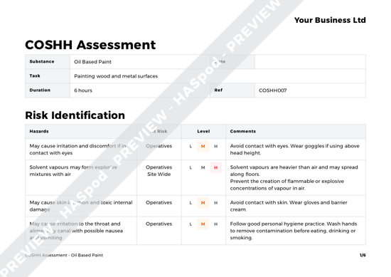 Oil Based Paint COSHH Assessment Template - HASpod
