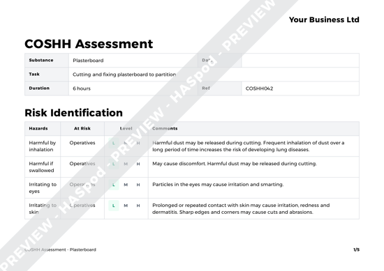 Plasterboard COSHH Assessment Template - HASpod