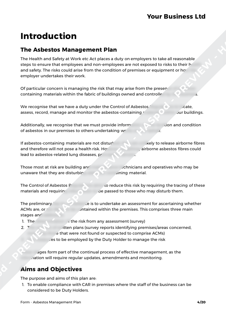 Asbestos Management Plan Form Template - HASpod