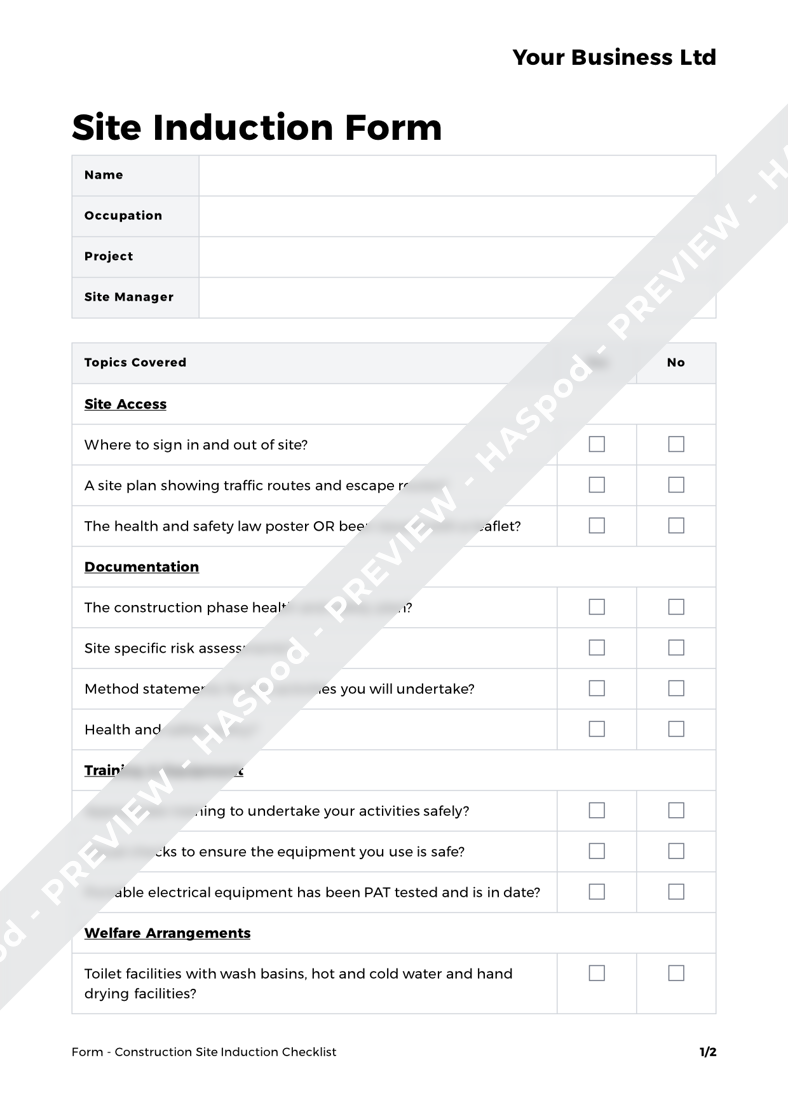 Construction Site Induction Checklist Form Template - HASpod
