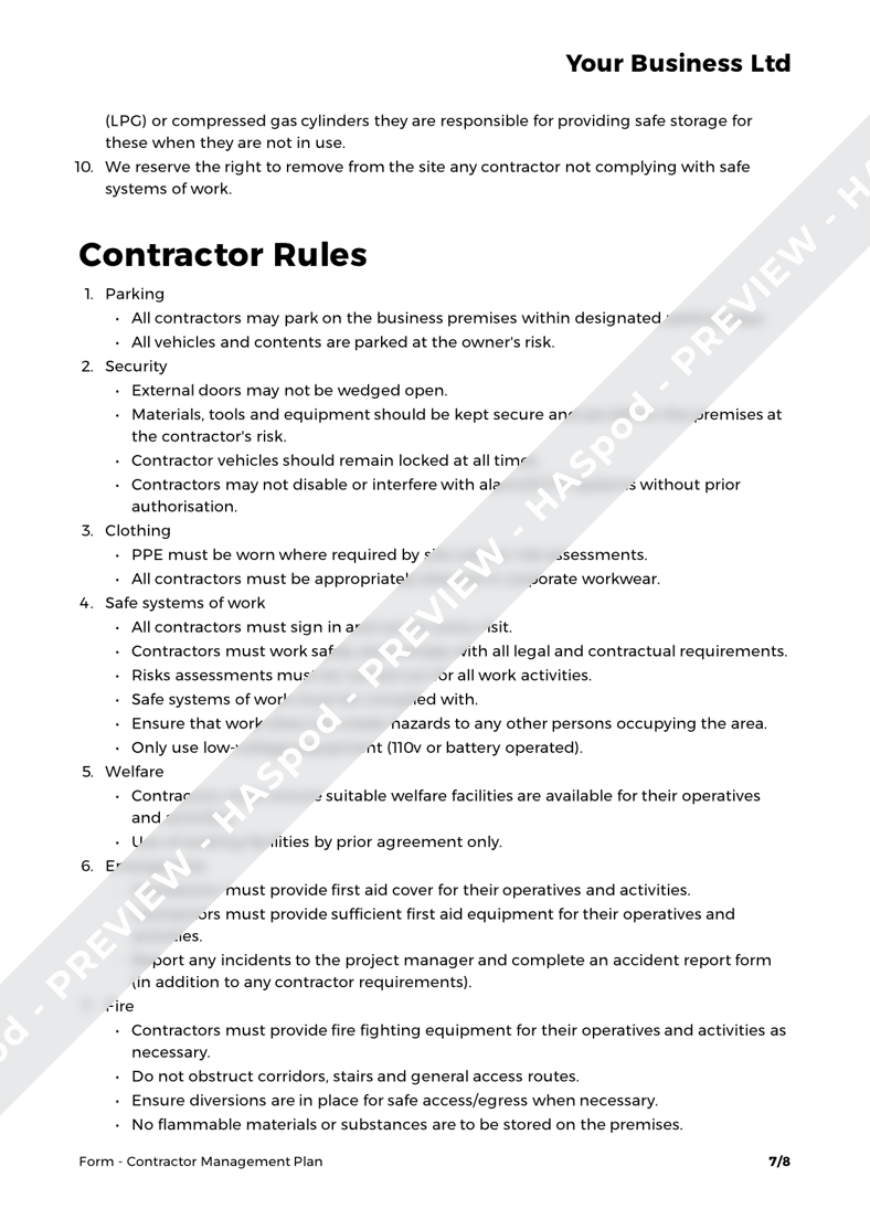 Contractor Management Plan Form Template - HASpod