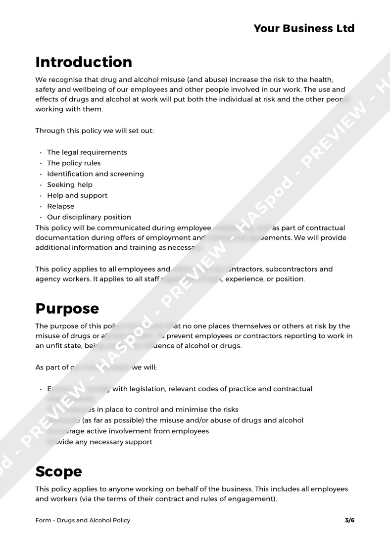 Drugs and Alcohol Policy Form Template - HASpod