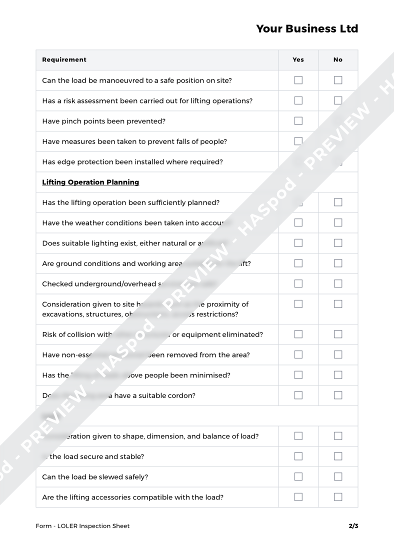LOLER Inspection Sheet Form Template - HASpod
