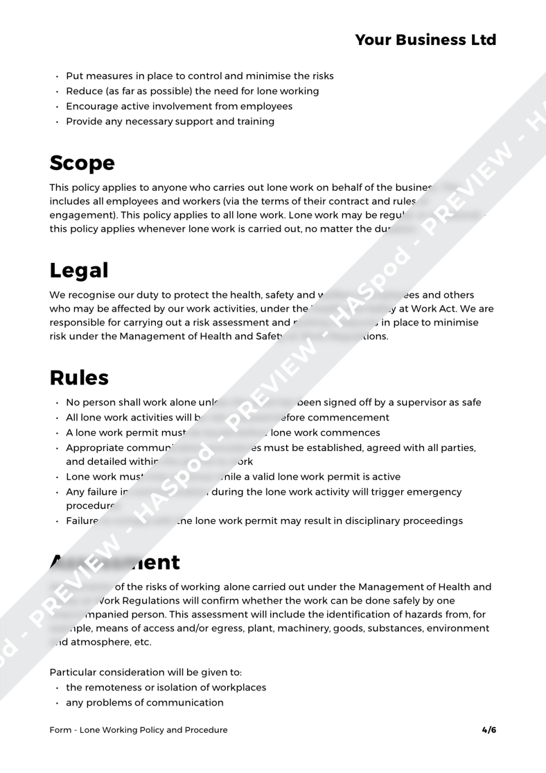 Lone Working Policy and Procedure Form Template - HASpod