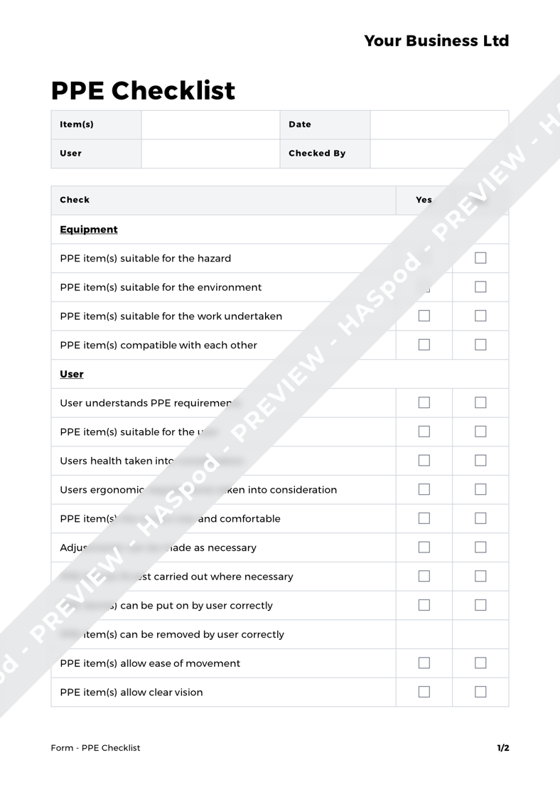 PPE Checklist Form Template - HASpod