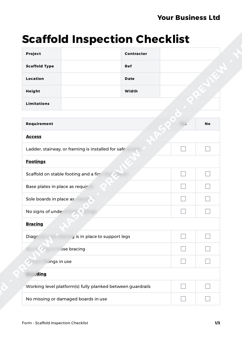 Scaffold Inspection Checklist Form Template - HASpod