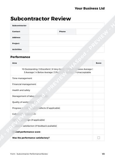 Subcontractor Performance Review Form Template - HASpod