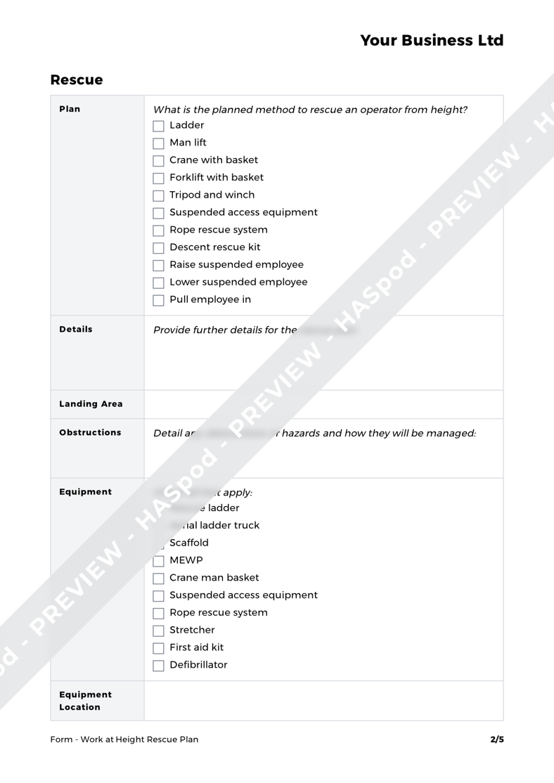 Work at Height Rescue Plan Form Template - HASpod