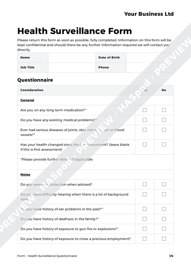 Health Surveillance Questionnaire Form Template - HASpod