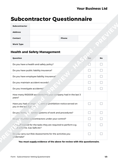 Subcontractor Vetting Questionnaire Form Template - HASpod