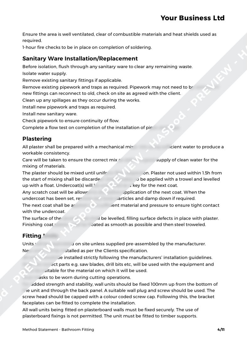 Bathroom Fitting Method Statement Template - HASpod