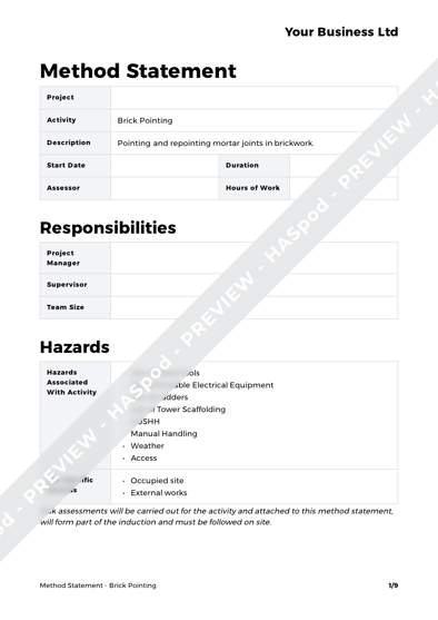 Brick Pointing Method Statement Template - HASpod