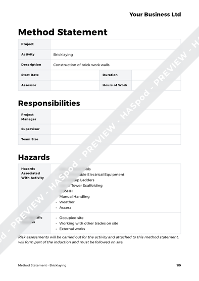 Bricklaying Method Statement Template - HASpod