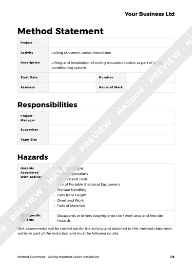 Ceiling Mounted Cooler Installation Method Statement Template - HASpod