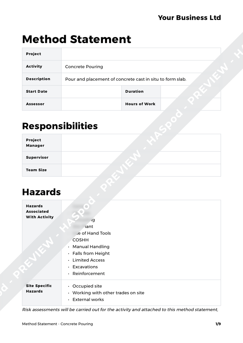 Concrete Pouring Method Statement Template Haspod 4836
