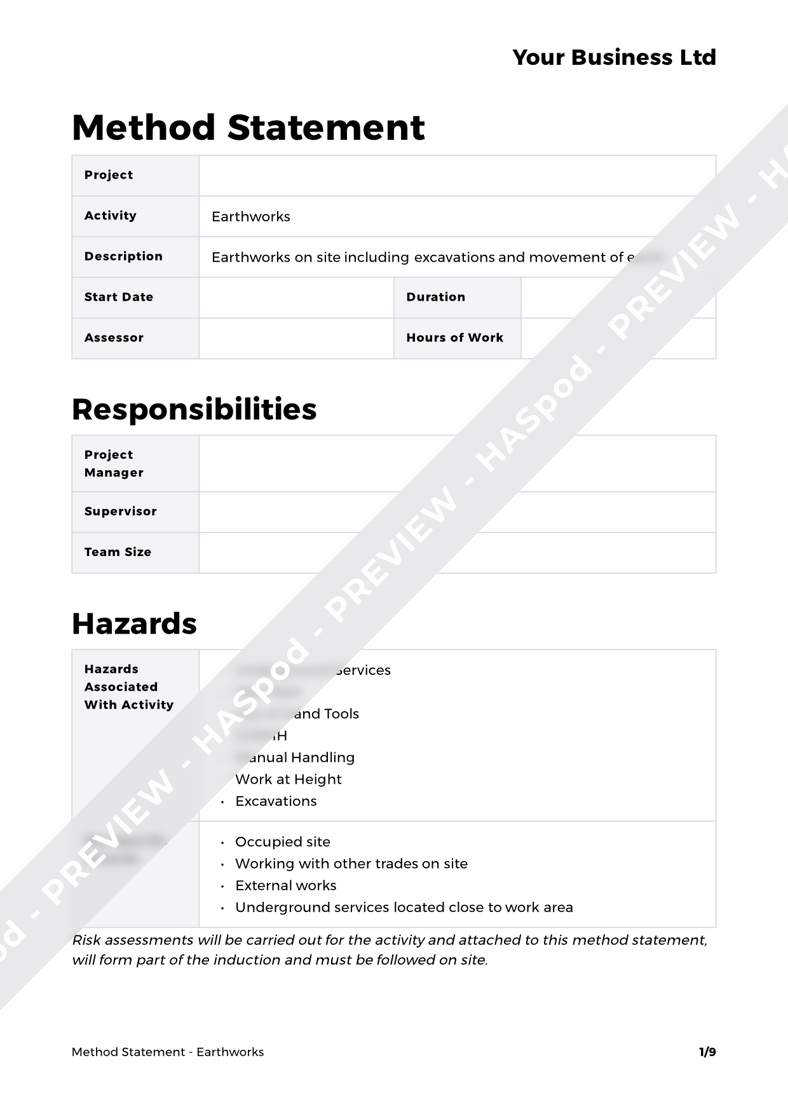 Earthworks Method Statement Template - HASpod