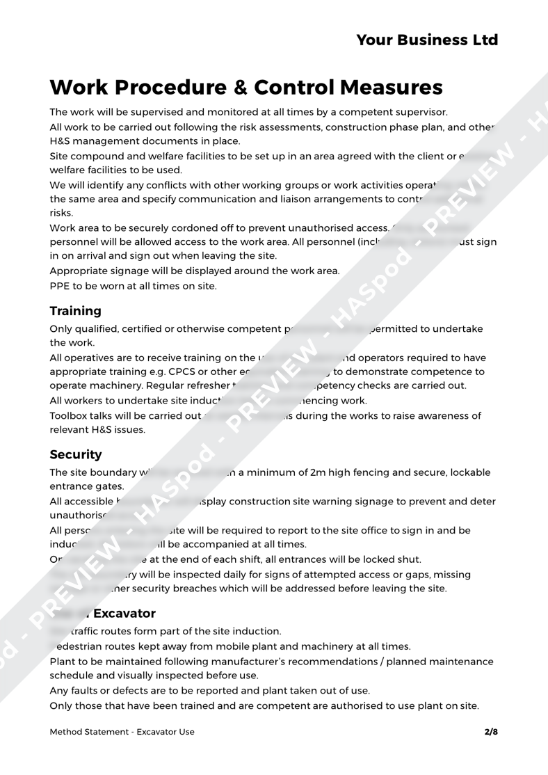 Excavator Use Method Statement Template - HASpod