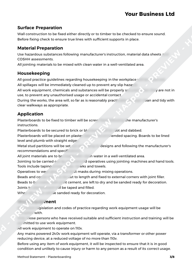 Plasterboarding Method Statement Template - HASpod