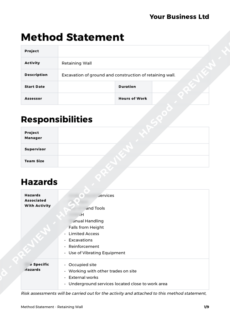 Retaining Wall Method Statement Template - HASpod