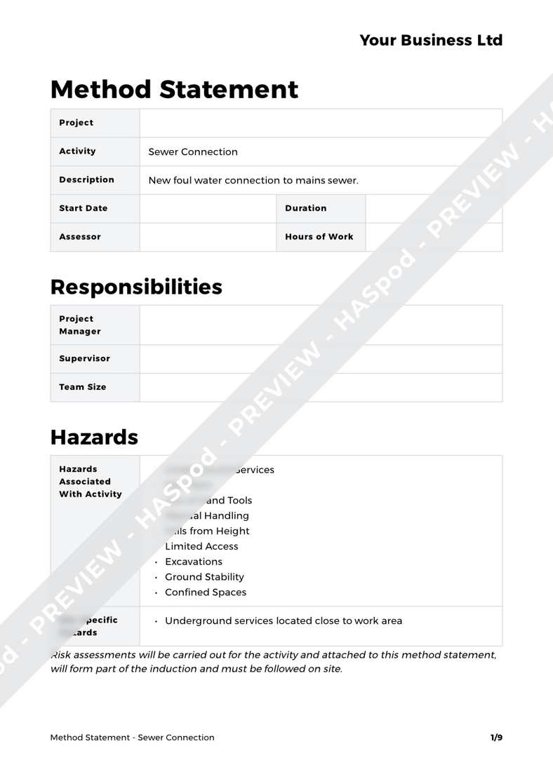 Sewer Connection Method Statement Template Haspod