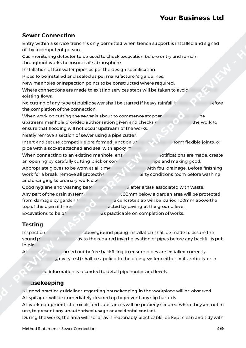 Sewer Connection Method Statement Template - HASpod