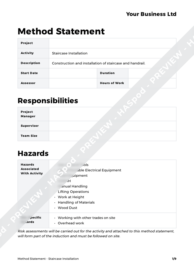 Staircase Installation Method Statement Template - HASpod