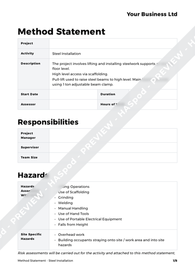 Steel Installation Method Statement Template - HASpod