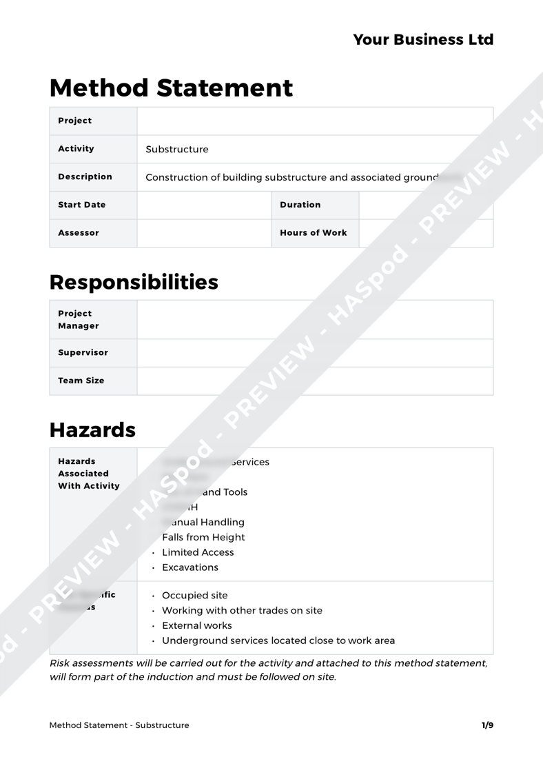 Substructure Method Statement Template - HASpod