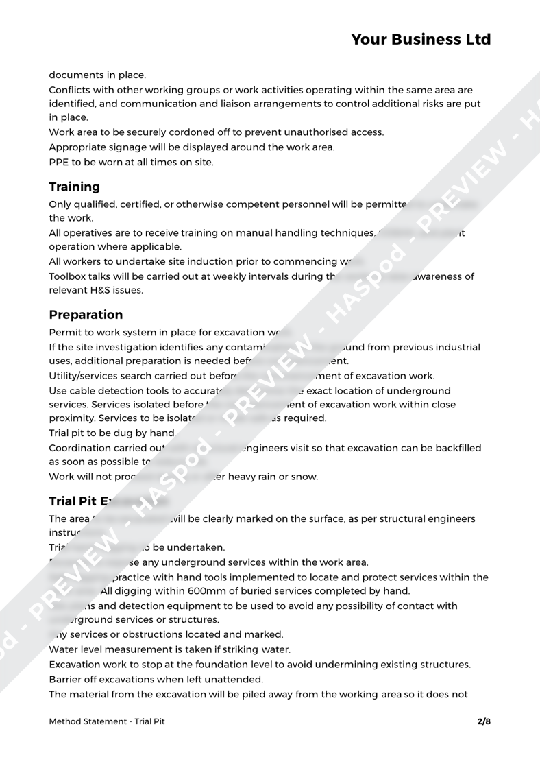 Trial Pit Method Statement Template - HASpod
