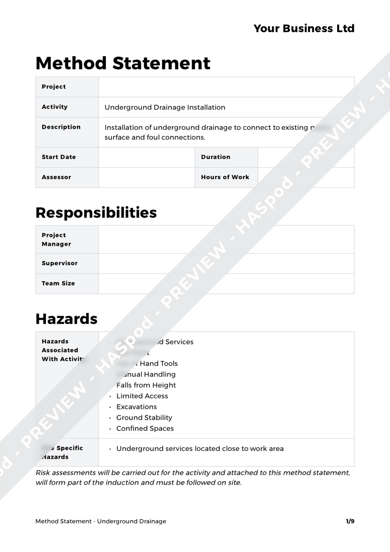 Underground Drainage Method Statement Template Haspod