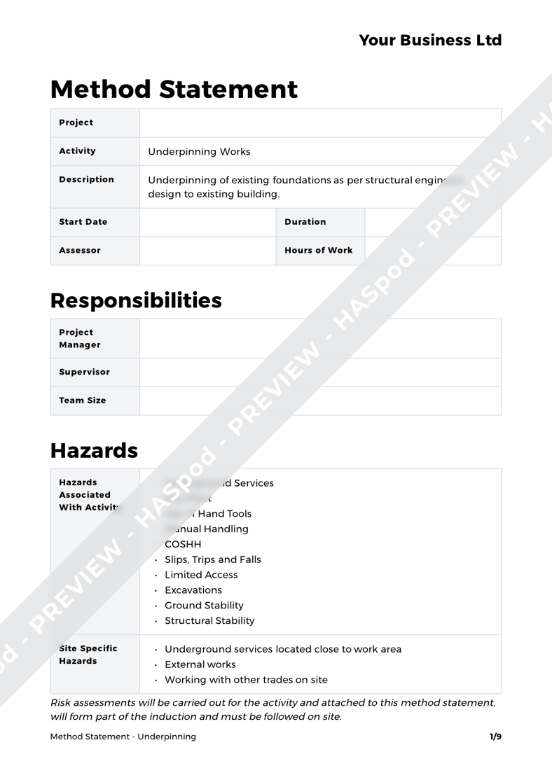 Underpinning Method Statement Template - HASpod