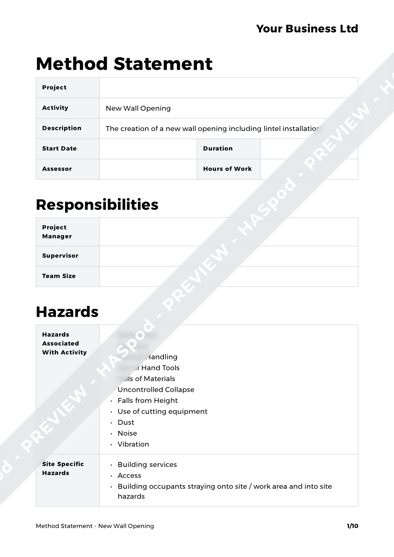 New Wall Opening Method Statement Template - HASpod