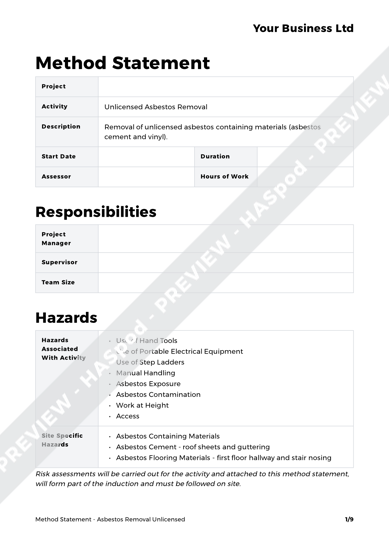Asbestos Removal Unlicensed Method Statement Template - HASpod