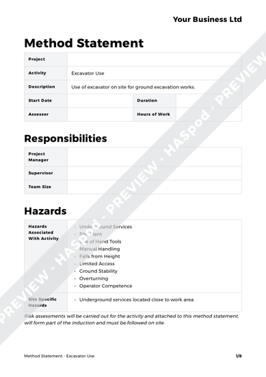 Excavator Use Method Statement Template - HASpod