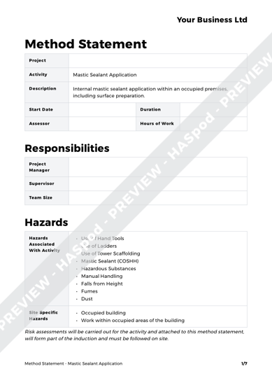 Mastic Sealant Application Method Statement Template - HASpod