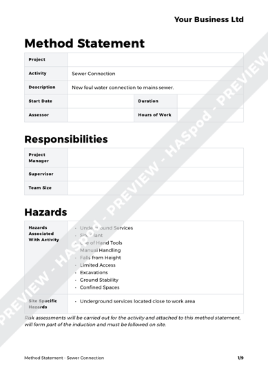 Sewer Connection Method Statement Template - HASpod