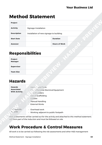 Signage Installation Method Statement Template - HASpod